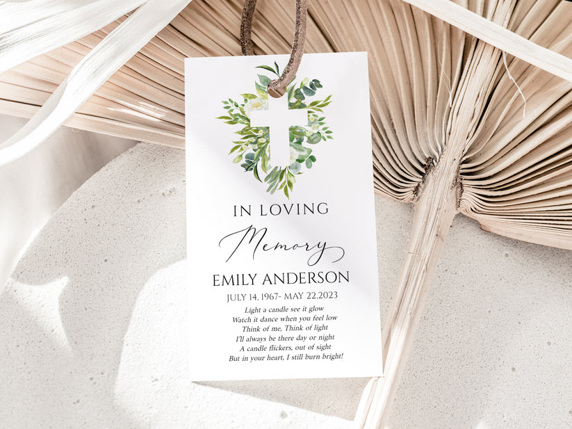 In Loving Memory Watercolor Greenery Cross Funeral Favor Tag Template ...