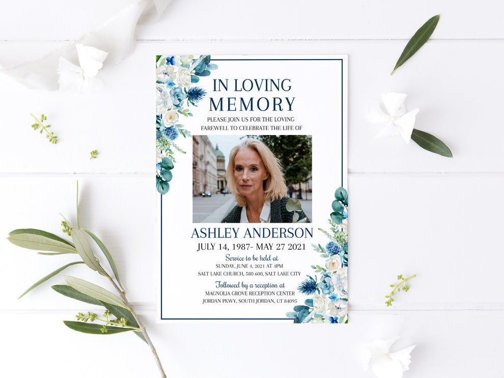 In Loving Memory Blue White Floral Funeral Invitation Template B1 ...