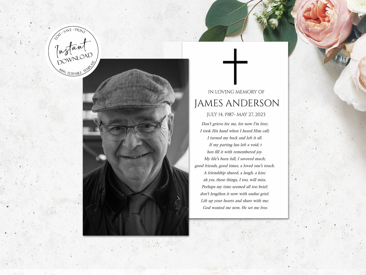 Simple Elegant Cross Funeral Prayer Card Template S1 – PeacefulMemoryDesign