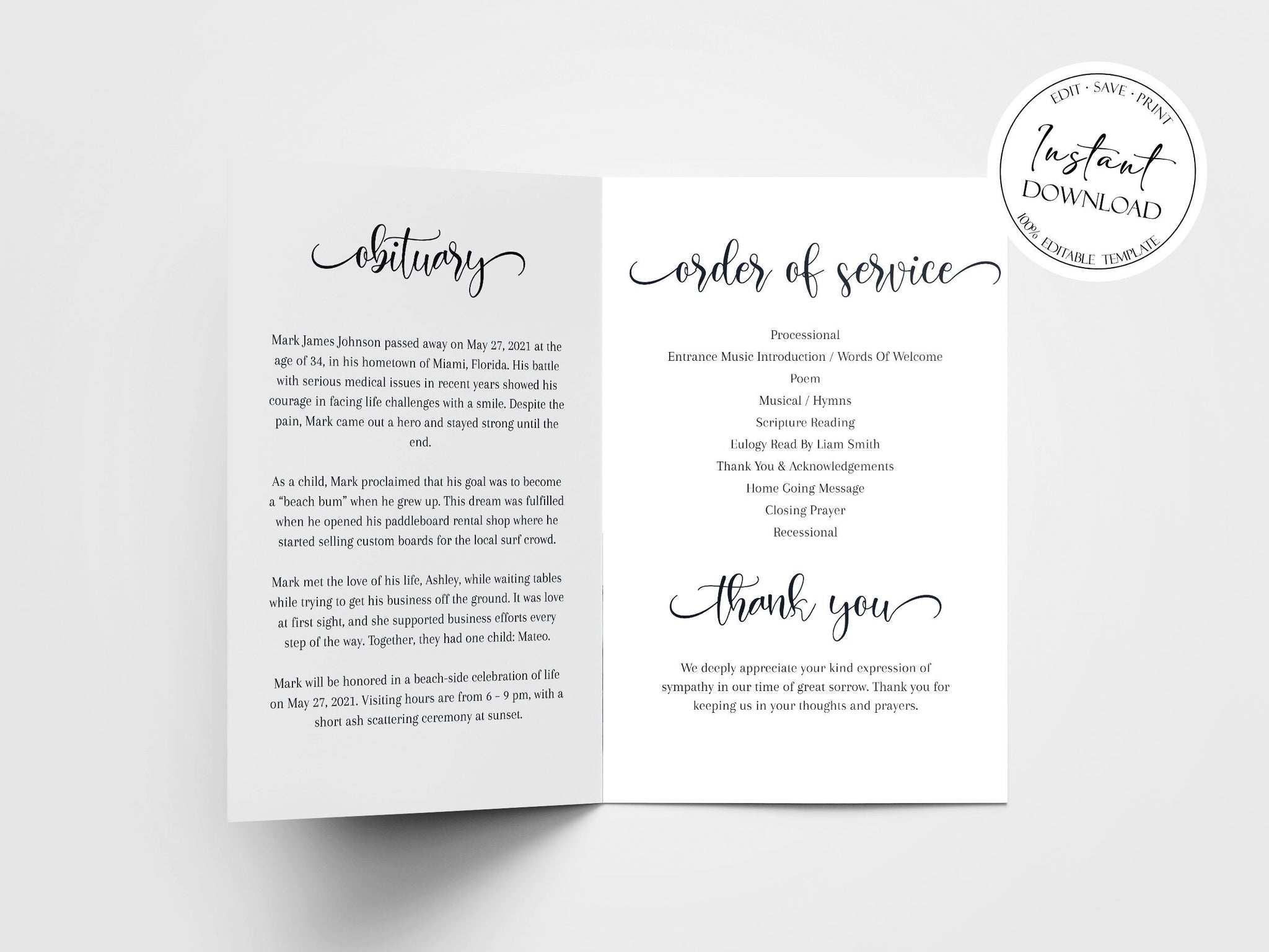 Celebration of Life Simple Elegant Funeral Program Template S2 ...