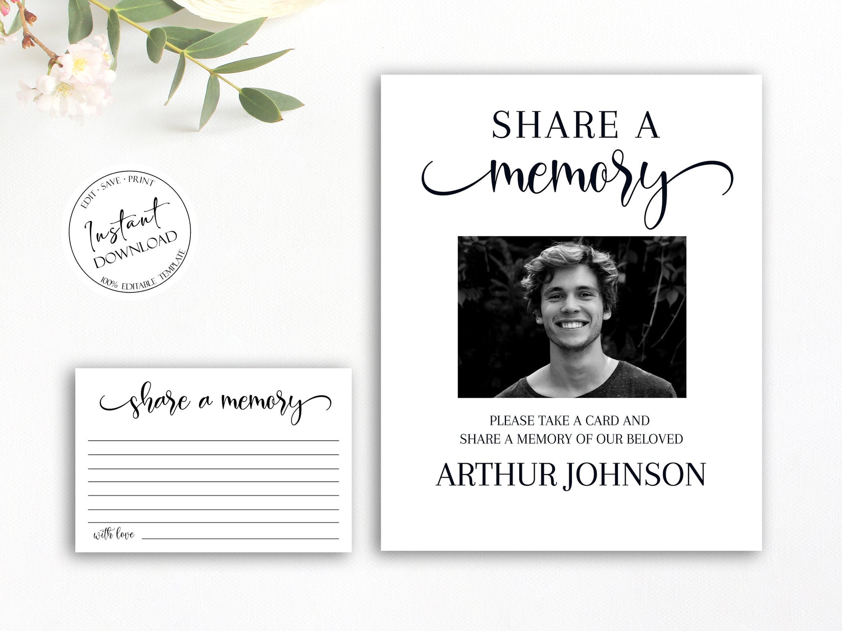 Simple Elegant Share a Memory Funeral Sign and Share a Memory Card Tem ...