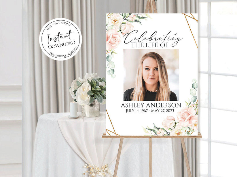 Celebration Of Life Blush Pink Roses Funeral Welcome Sign Template P4 ...