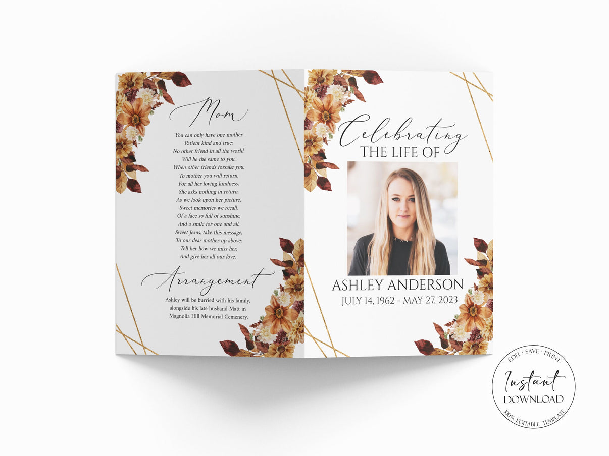 Celebration of life Orange Brown Dried Leaves Fall Funeral Program Tem ...