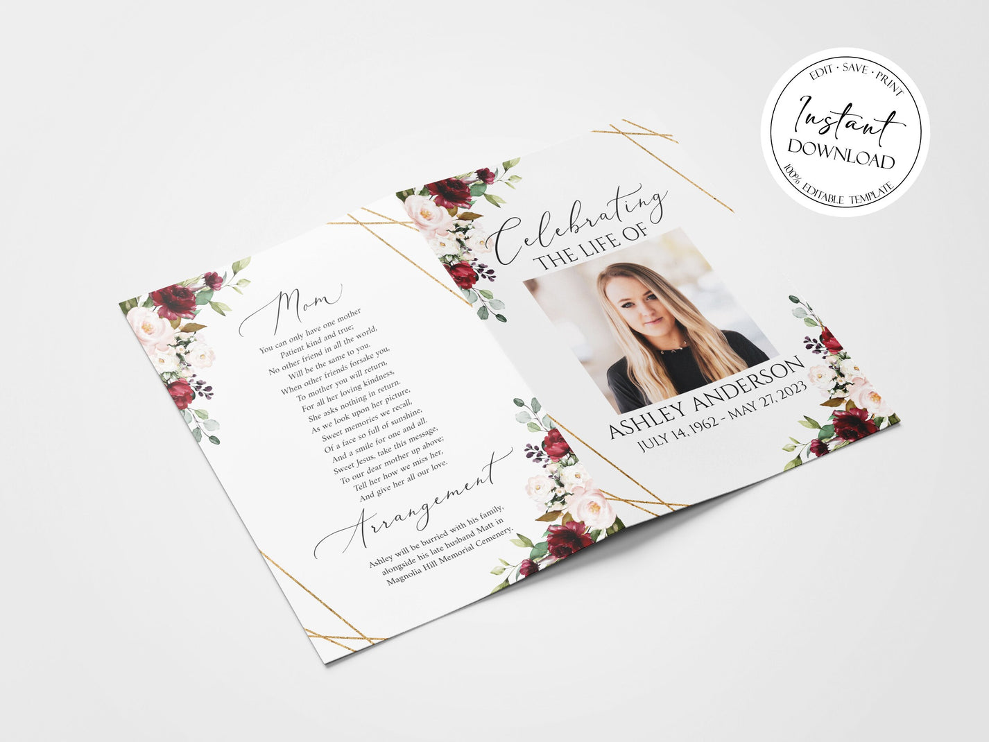 Celebration of life Red Roses Funeral Program Template R1 ...