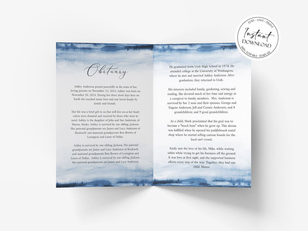 8 Page Blue Watercolor Baby Funeral Program Template B4 ...